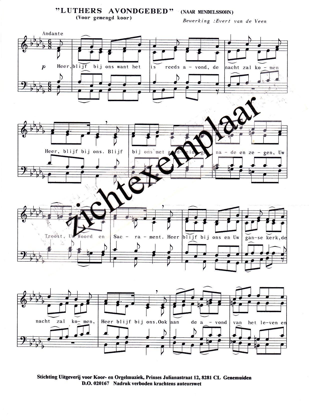 Evert van de Veen – Luthers Avondgebed – SATB D.O. 020167 – Orgel ...